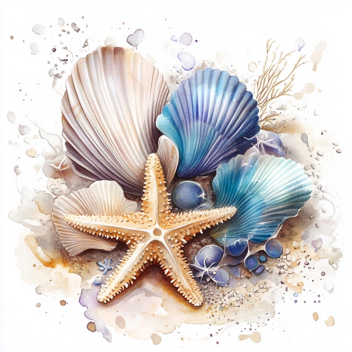 16 PNG Blue Watercolor Starfish Clipart Printable Seashell Underwater ...