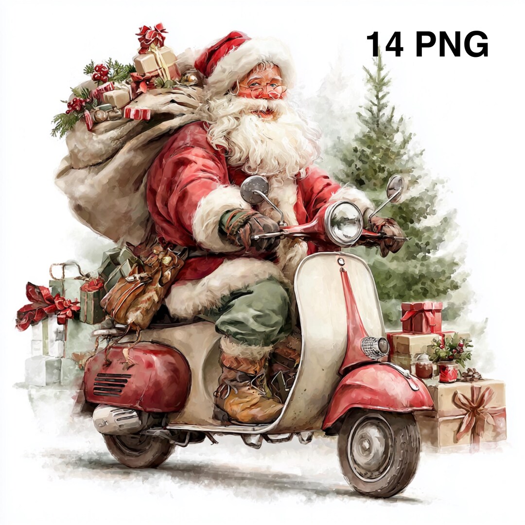 14 PNG Christmas Santa Claus Riding a Scooter Holiday Ride Christmas ...
