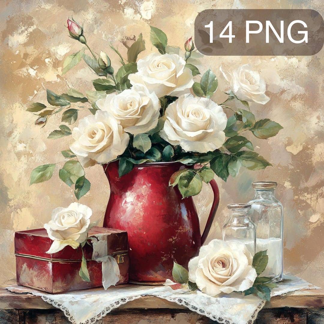 14 PNG Shaby Chic Red Metal Jug With White Rose Printable Watercolor ...