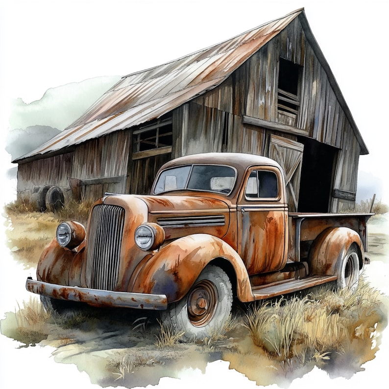 14 PNG Watercolor Old Farm Pickup Truck Clipart Digital Download ...