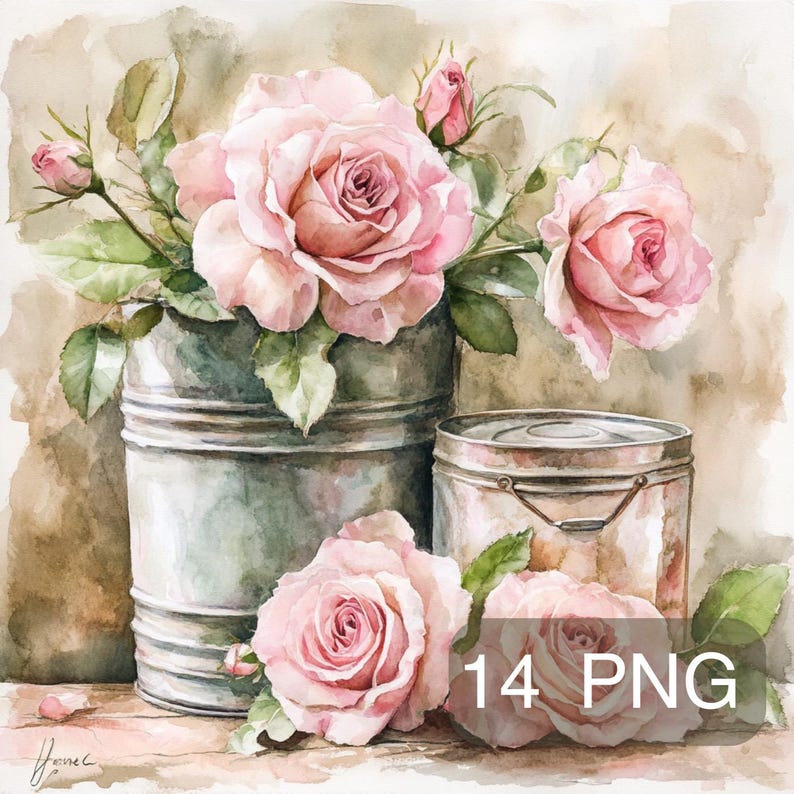Shabby Chic Retro Metal Can With Pink Rose Clipart Vintage Metal Box ...
