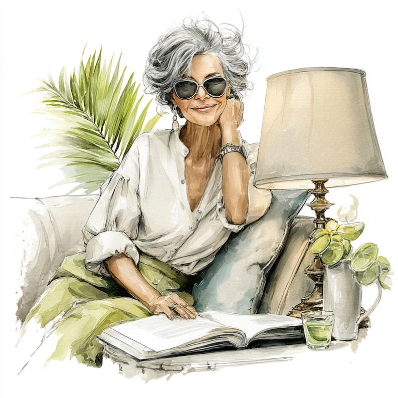 Stylish Elderly Woman Clipart: Cocktail Drinker, Fashionable Senior Art ...