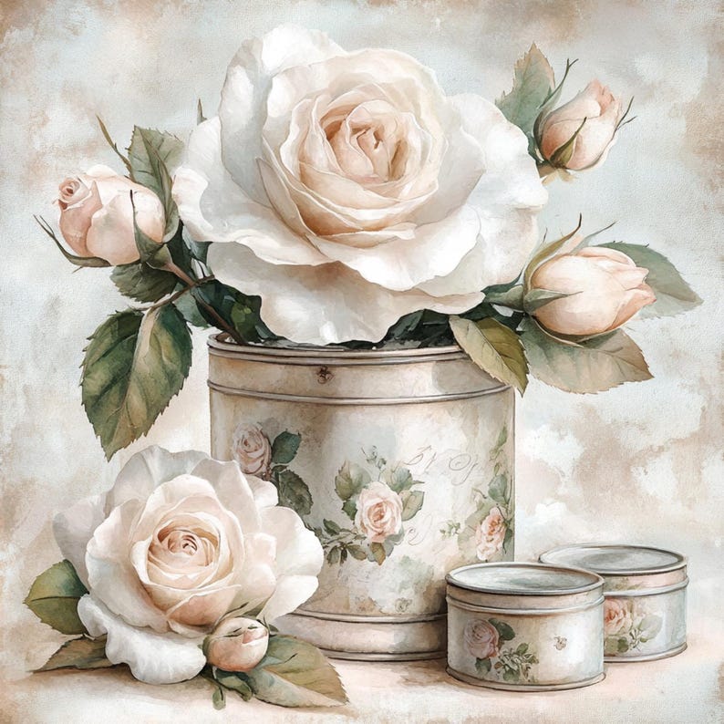 Shabby Chic Retro Can With White Rose Vintage Rose Box Printable ...