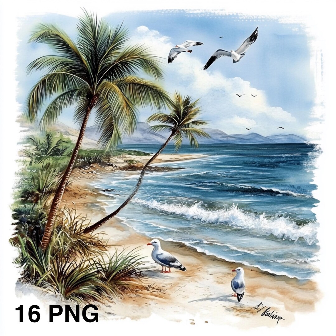 16 PNG Beach Scene Clipart Sunny Beach Watercolor Palms in Beach ...