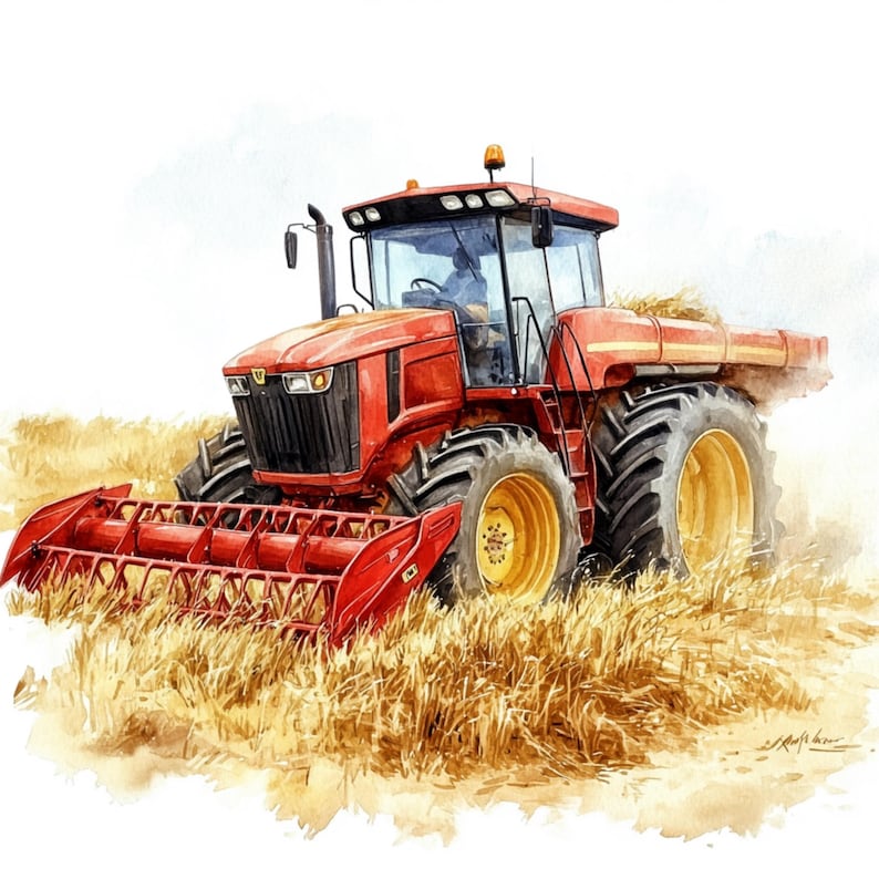 19 PNG Watercolor Red Combine Harvester Farming Clipart Combine ...