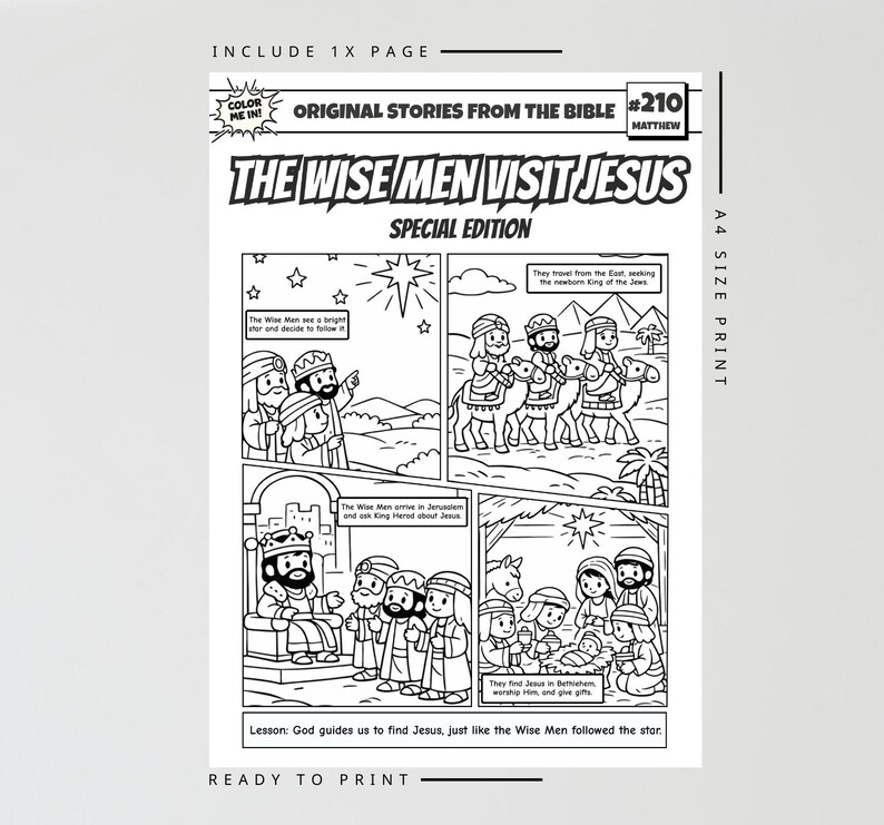 The Wise Men Visit Jesus A4 Bible Comic Coloring Page | Sunday School ...