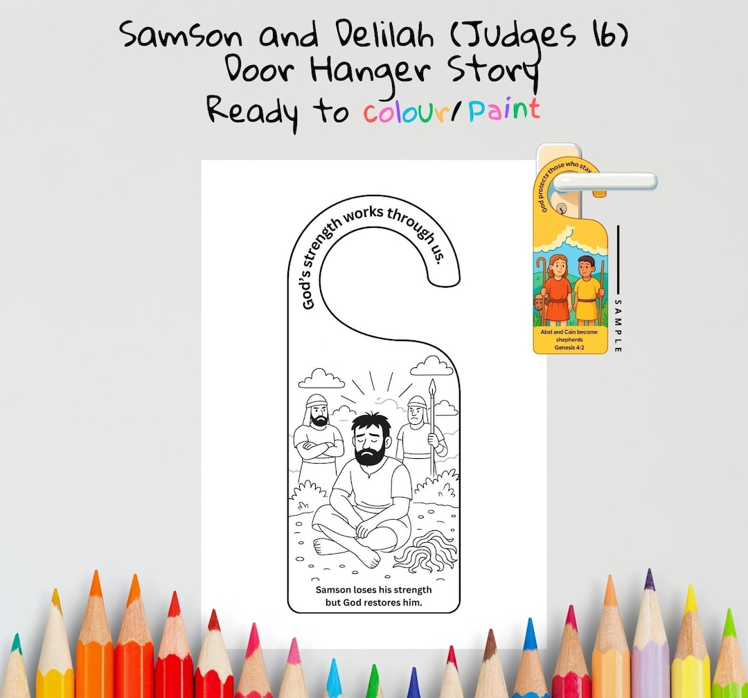Samson & Delilah Kids Bible Craft Door Hanger | Judges 16 Coloring ...