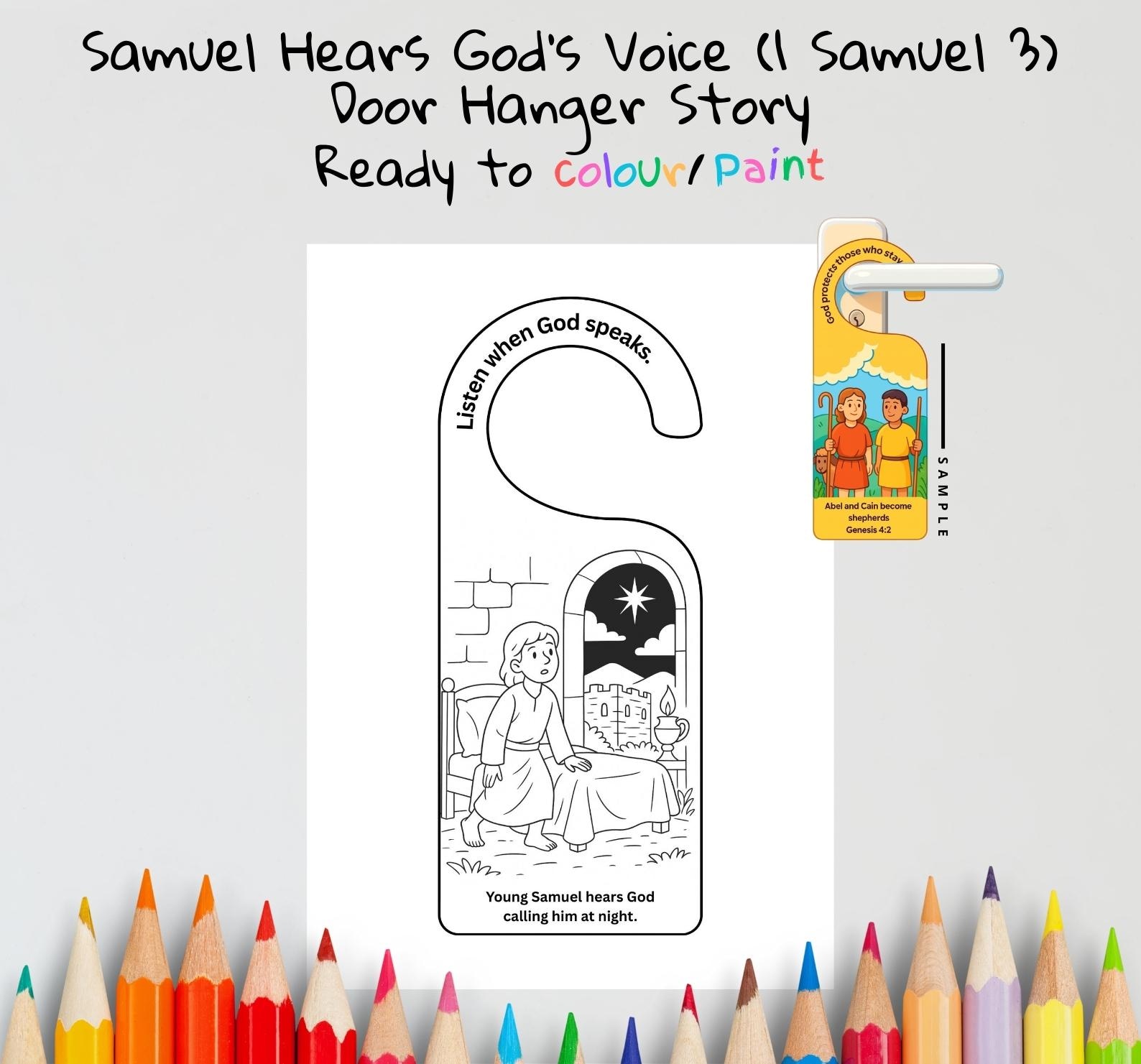 Samuel Hears God Kids Bible Craft Door Hanger | 1 Samuel 3 Coloring ...