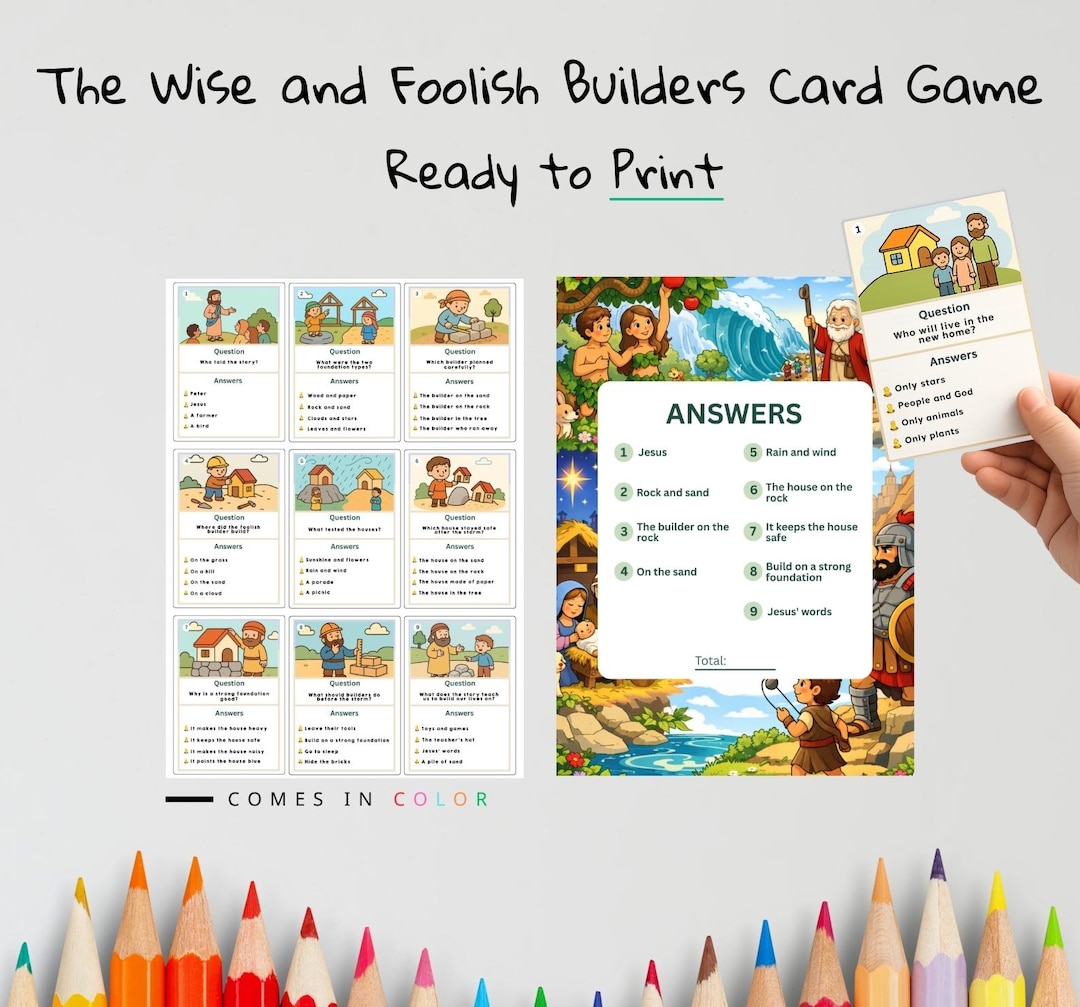 The Wise and Foolish Builders Kids Bible Card Game | Matthew 7 Activity ...