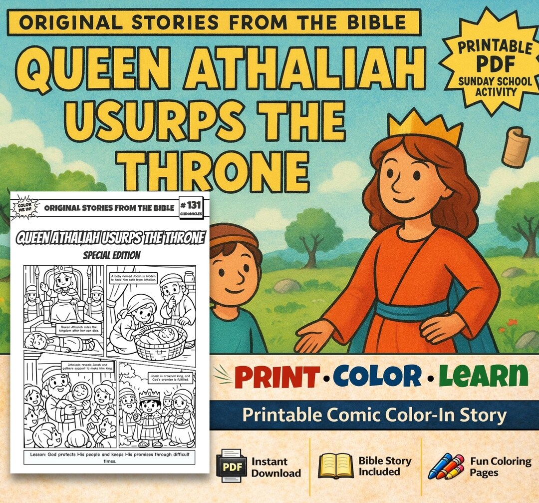 Queen Athaliah Usurps the Throne A4 Bible Comic Coloring Page for Kids ...