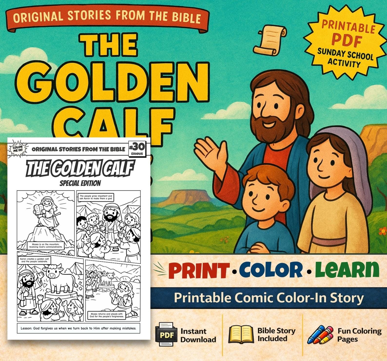 The Golden Calf Exodus 32 A4 Bible Comic Coloring Page | Sunday School ...