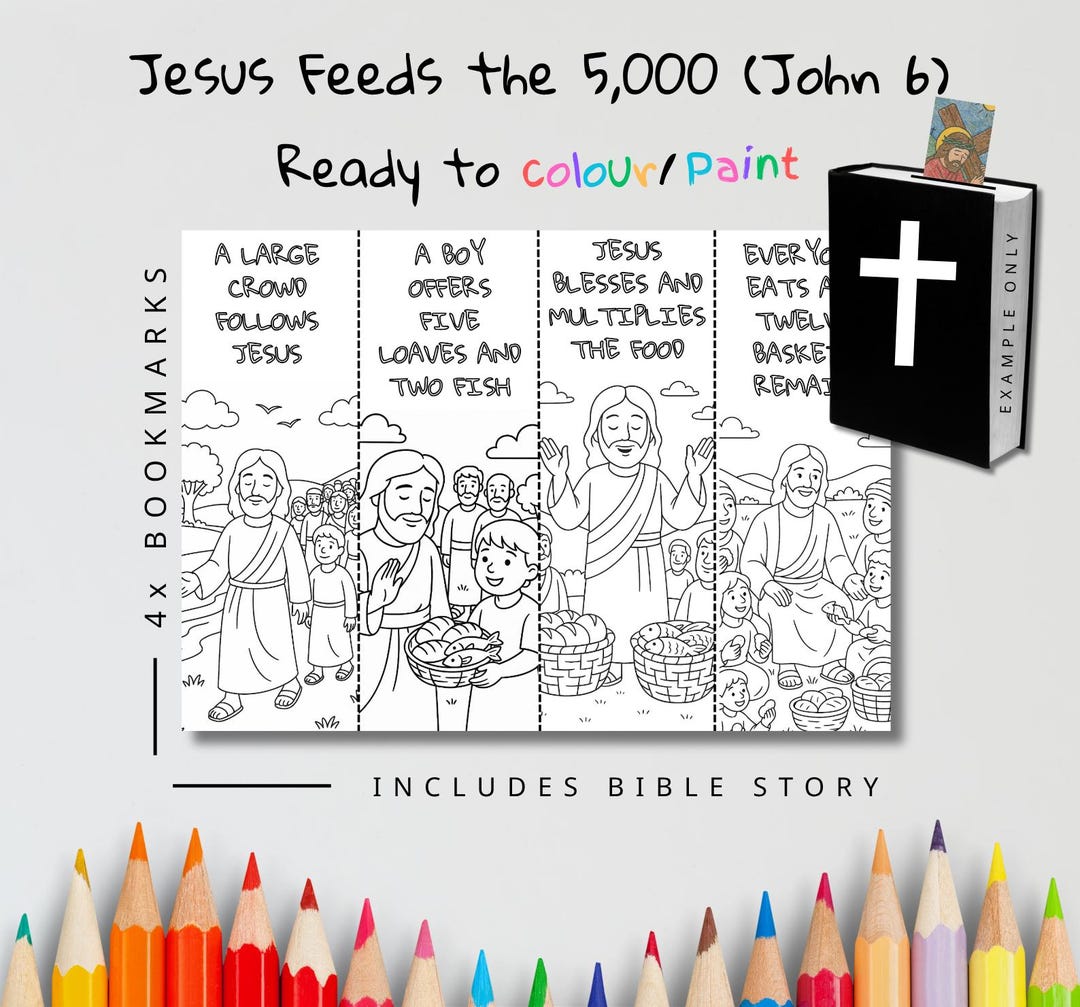 Jesus Feeds 5,000 Bookmark Set (4 Bookmarks) | Bible Story Coloring ...