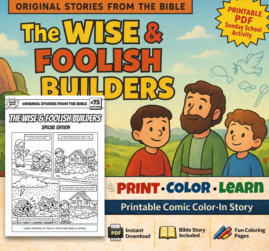 The Wise & Foolish Builders A4 Bible Comic Coloring Page | Sunday ...