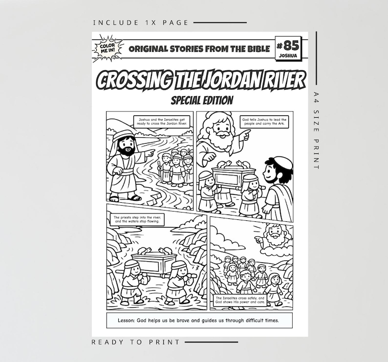 Crossing the Jordan River A4 Bible Comic Coloring Page | Sunday School ...