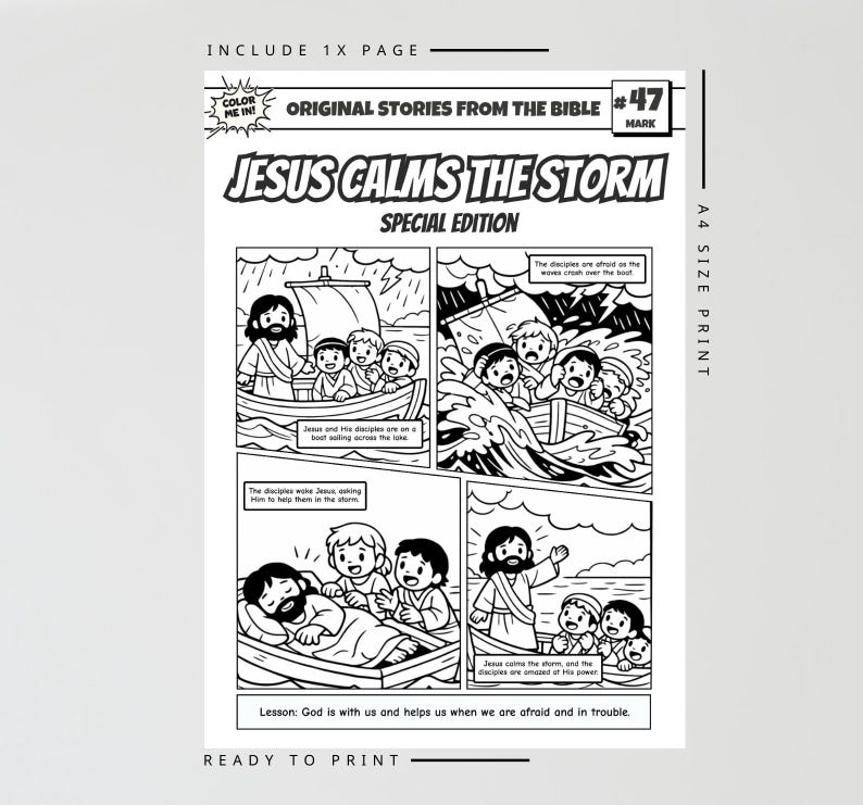 Jesus Calms the Storm A4 Bible Comic Coloring Page | Sunday School ...