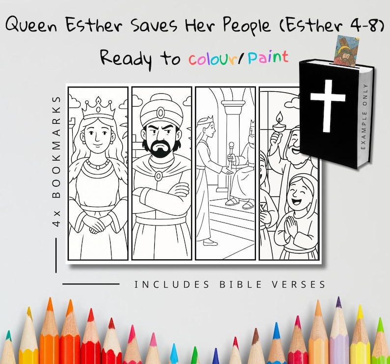 Queen Esther Bible Verse Bookmarks for Kids (4x Set) Christian Coloring ...