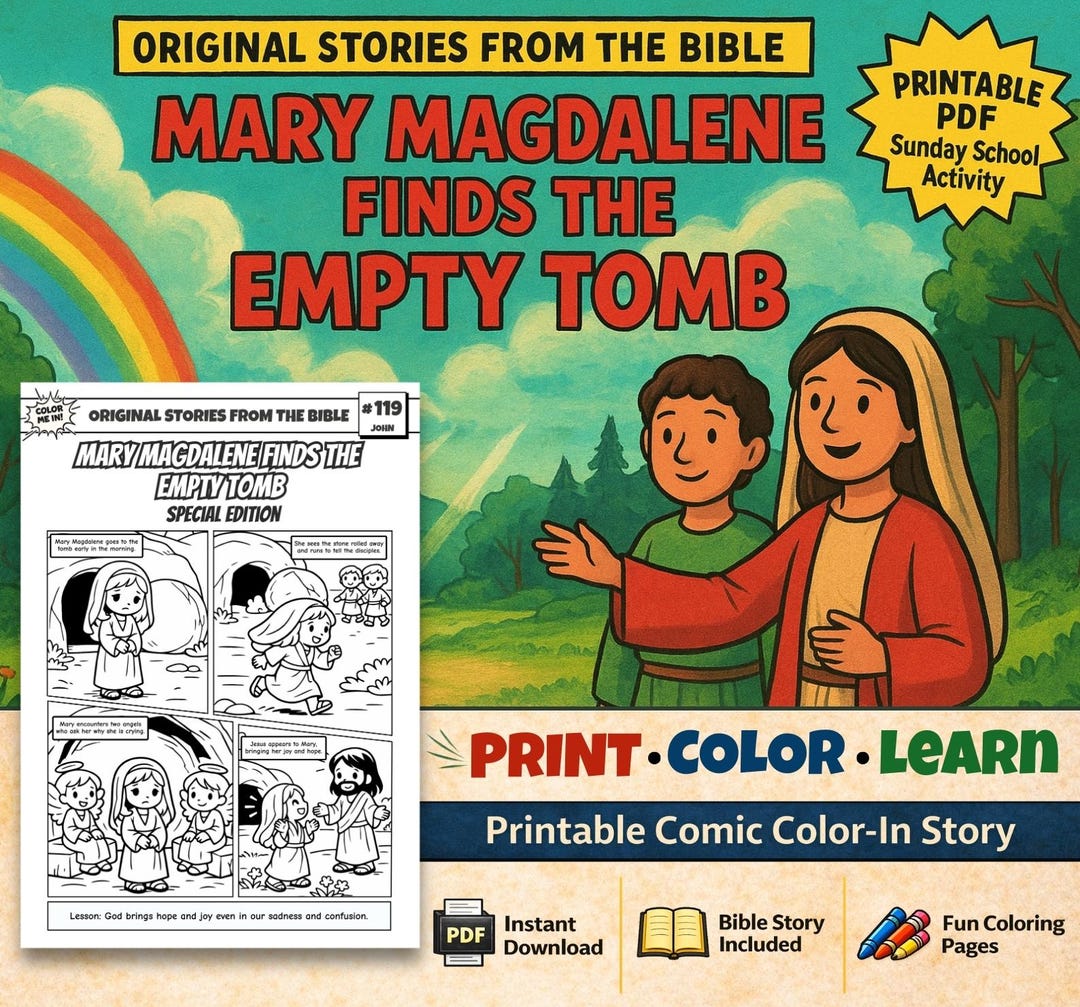 Mary Magdalene Finds the Empty Tomb A4 Bible Comic Coloring Page for ...