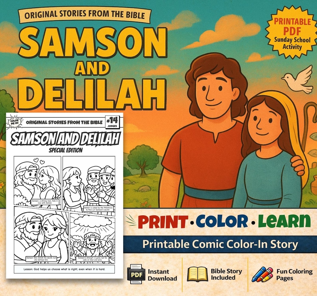 Samson and Delilah A4 Bible Comic Coloring Page | Sunday School Craft ...