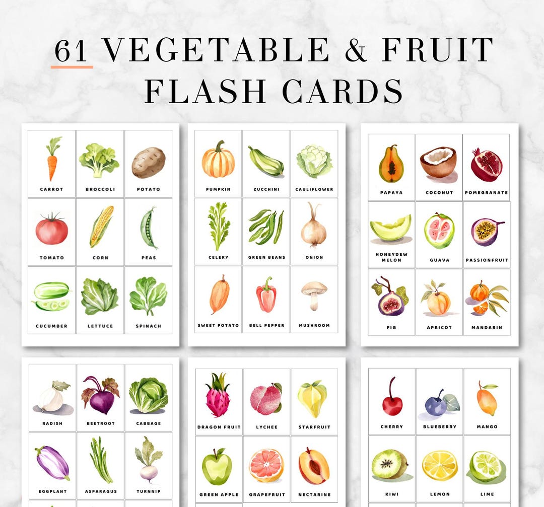 Printable Fruit and Vegetable Flash Cards | 61 Montessori-inspired ...