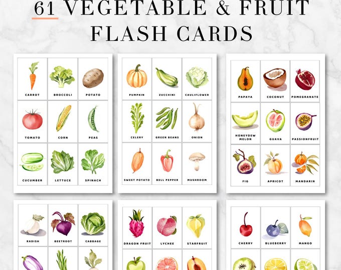 30 Fruits and Vegetables Cards, Montessori Flashcards, Pre-school Cards ...