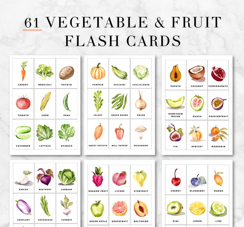 Printable Fruit and Vegetable Flash Cards | 61 Montessori-inspired ...