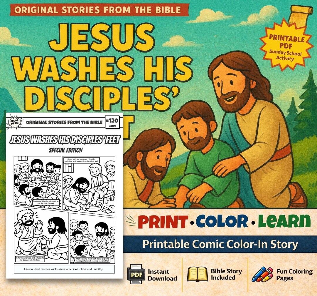 Jesus Washes His Disciples’ Feet A4 Bible Comic Coloring Page for Kids ...