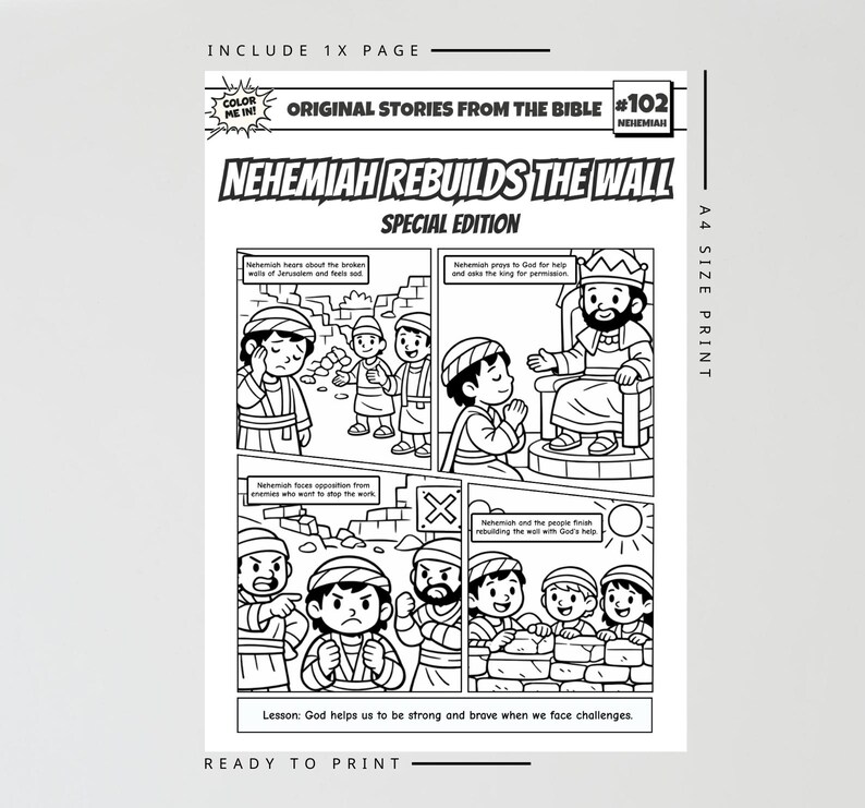 Nehemiah Rebuilds the Wall A4 Bible Comic Coloring Page | Sunday School ...