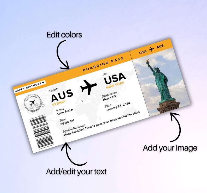 Editable Boarding Pass Template | Canva Airline Ticket | Surprise Trip ...