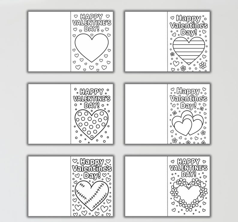 Heart Valentine’s Day Coloring Cards for Kids – Set of 6 | Printable ...