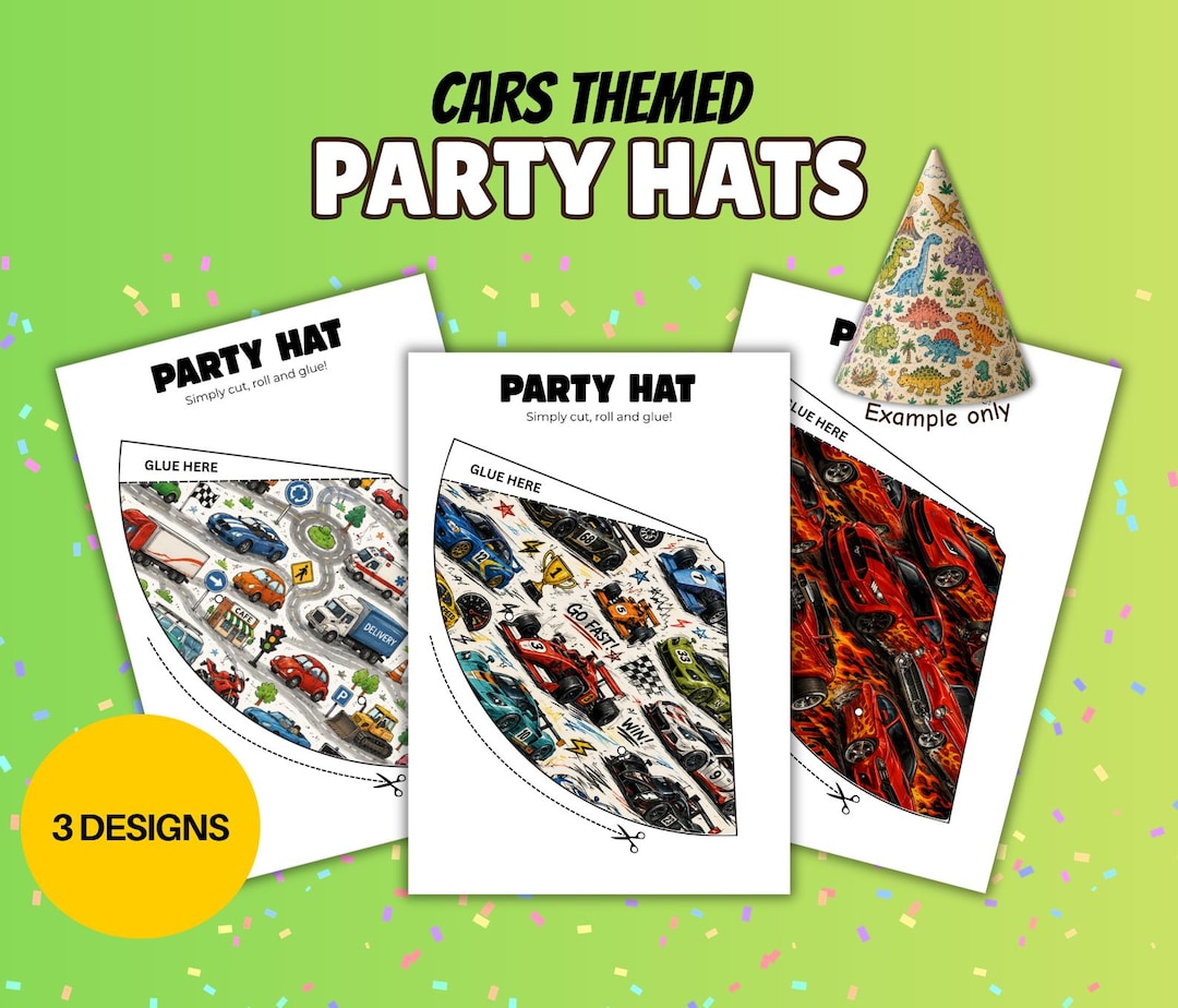 Cars Party Hats Printable | 3 Car Cone Hat Designs | DIY Kids Birthday ...