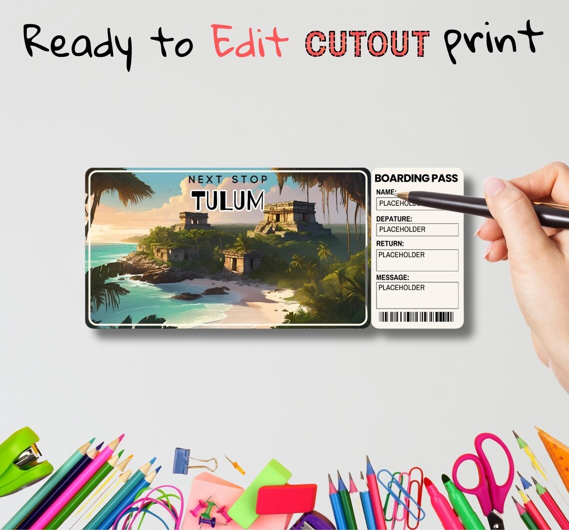 Tulum, Mexico Printable Boarding Pass Gift | Editable Surprise Travel ...
