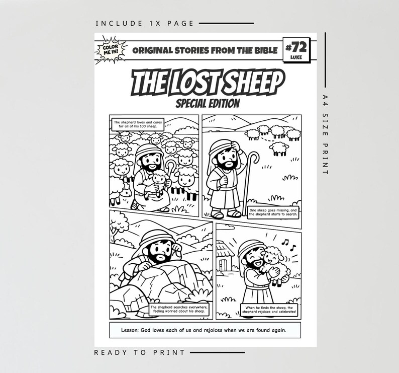 The Lost Sheep Luke 15 A4 Bible Comic Coloring Page | Sunday School ...