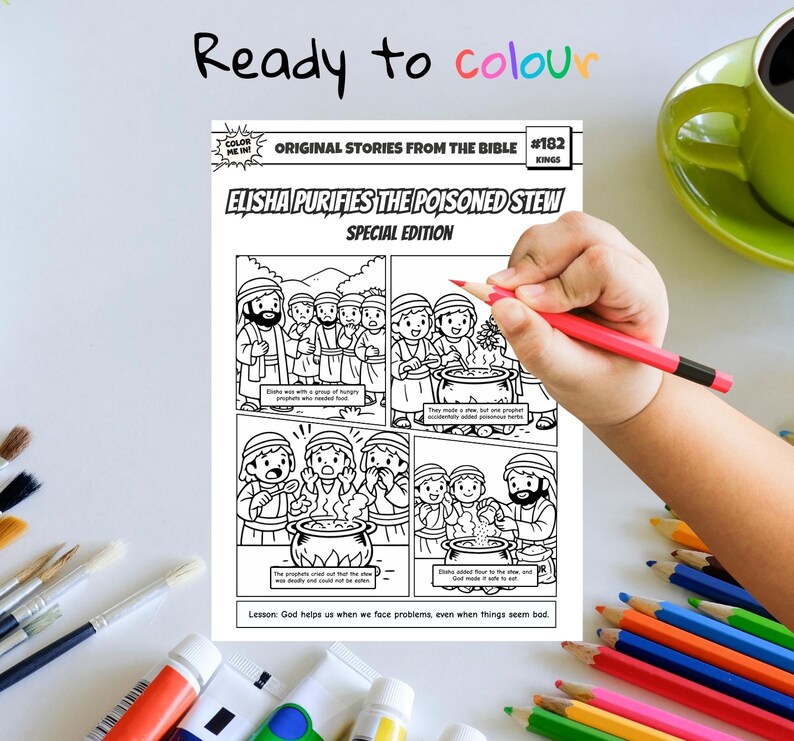 Elisha Purifies the Poisoned Stew A4 Bible Comic Coloring Page for Kids ...