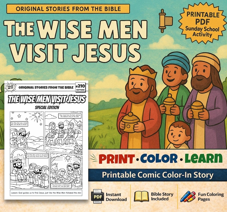 The Wise Men Visit Jesus A4 Bible Comic Coloring Page | Sunday School ...