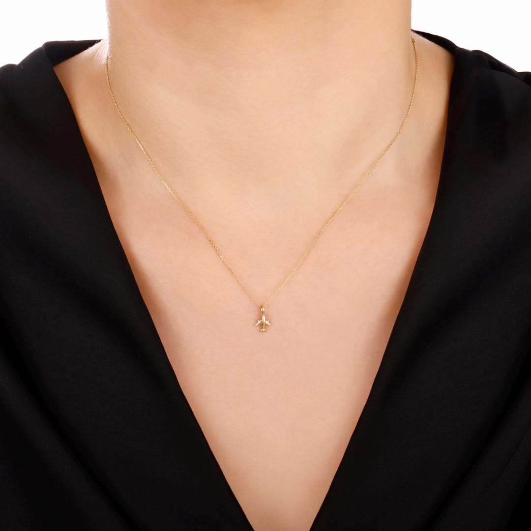 14k Solid Gold Plane Pendant Necklace, Gold Airplane Necklace, Minimal ...