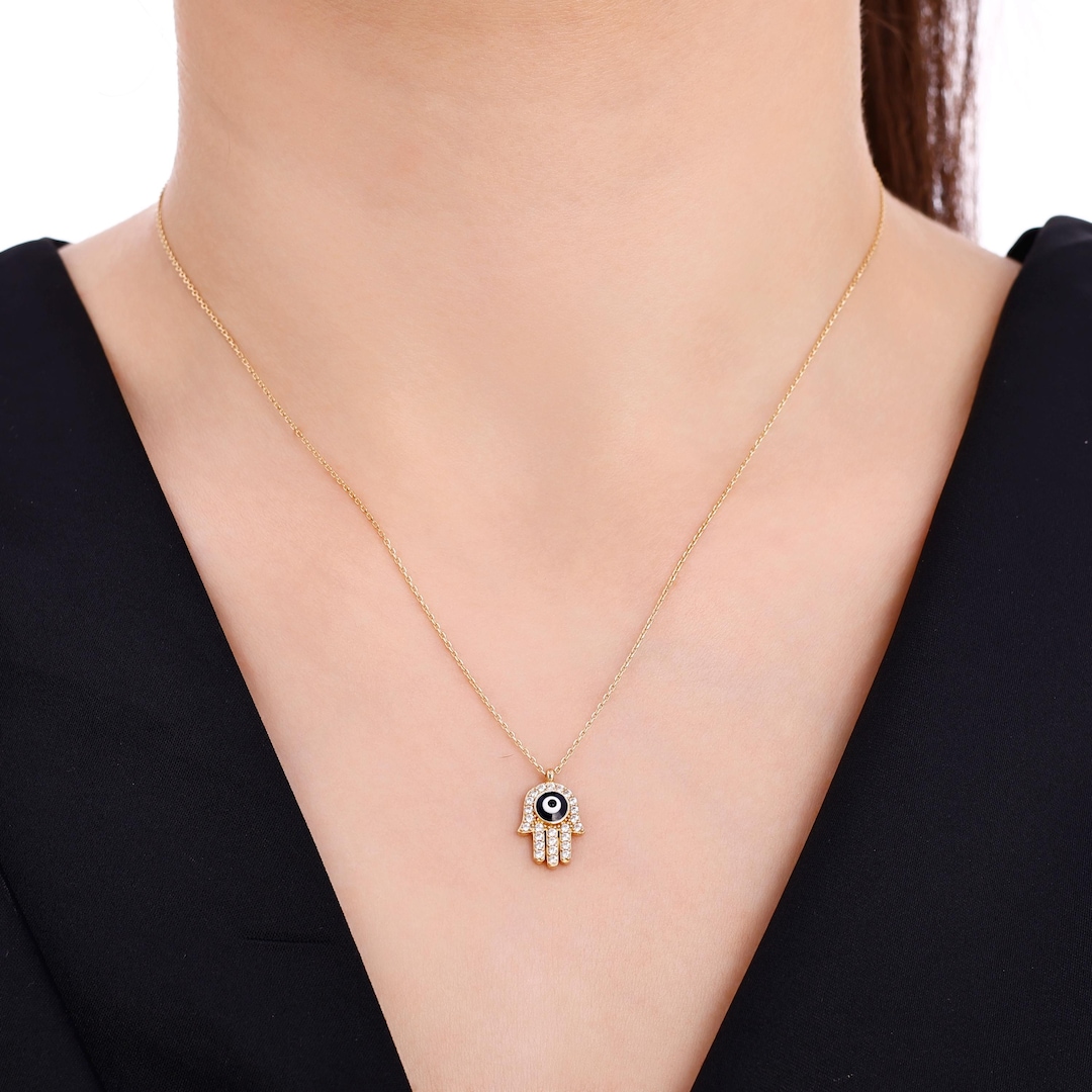 14K Solid Gold Diamond Hand of Fatima Necklace, Evil Eye Hamsa Pendant ...