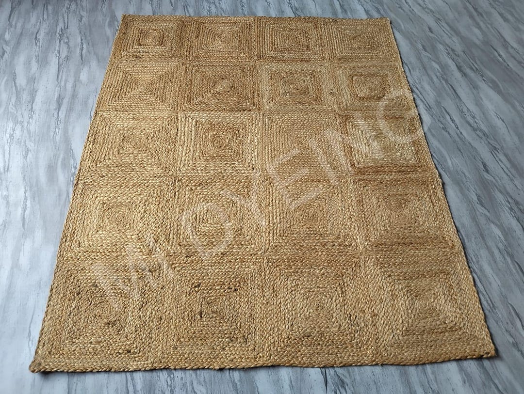 Unique Handmade Beige Box Pattern Rug - Ethically Sourced Jute Fiber ...