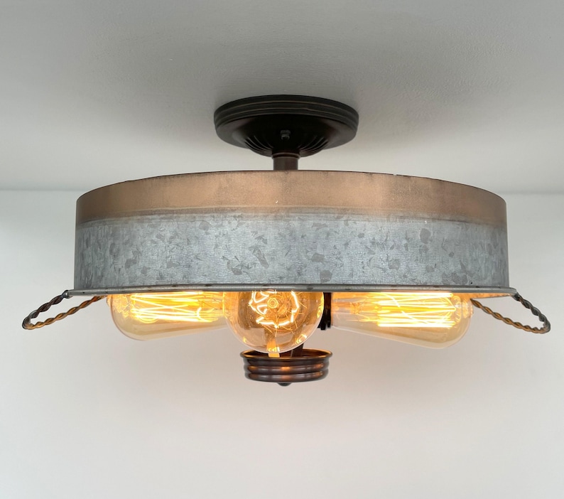 Modern Farmhouse Galvanized & Copper Tone Metal Flat Tub Ceiling Light ...