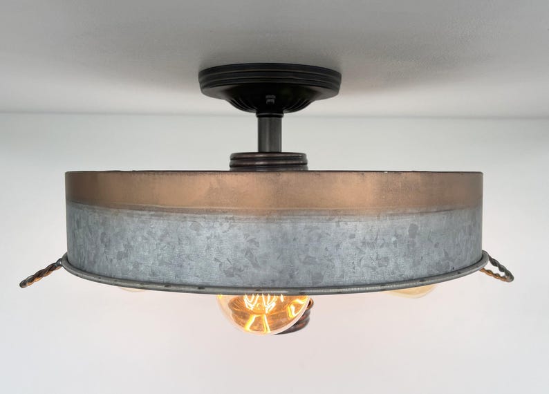 Modern Farmhouse Galvanized & Copper Tone Metal Flat Tub Ceiling Light ...