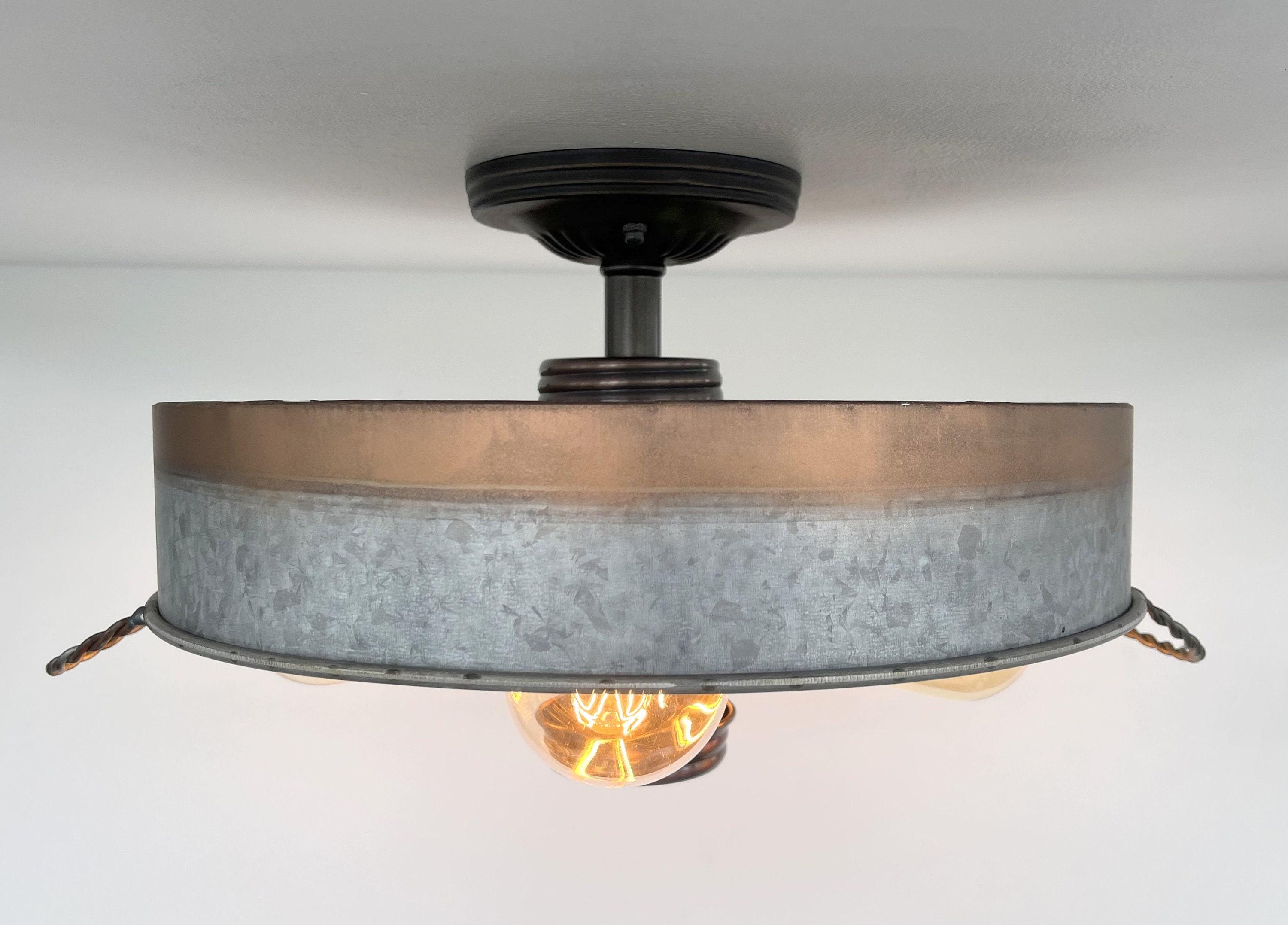Modern Farmhouse Galvanized & Copper Tone Metal Flat Tub Ceiling Light ...