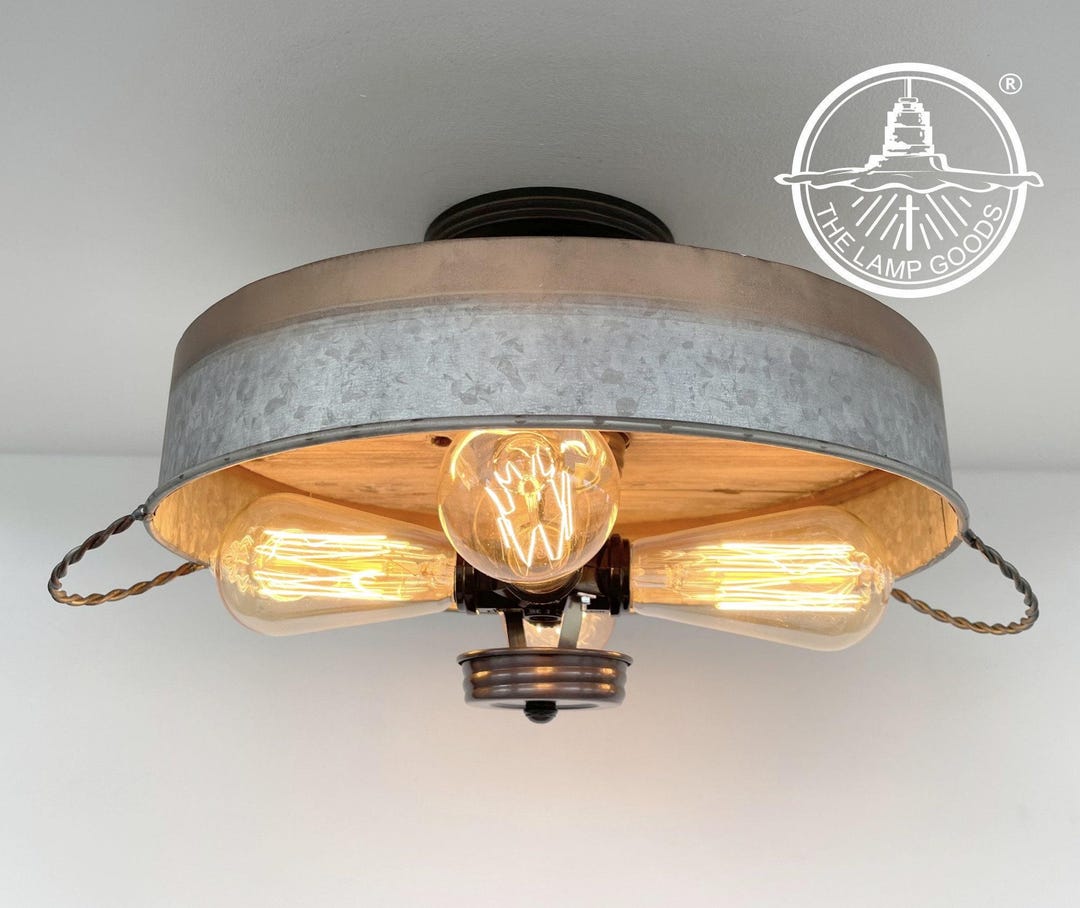 Modern Farmhouse Galvanized & Copper Tone Metal Flat Tub Ceiling Light ...