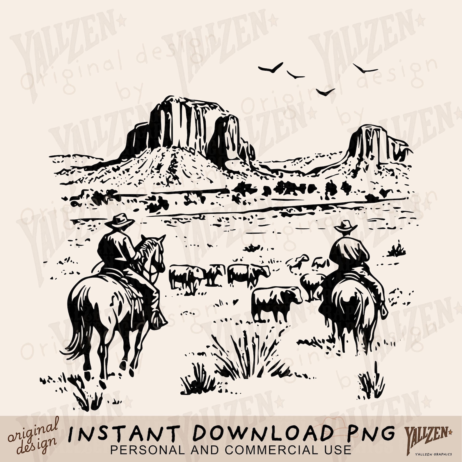 Texas Cowboy Herding PNG | Western Ranch Cattle Drive Clipart | Rustic ...