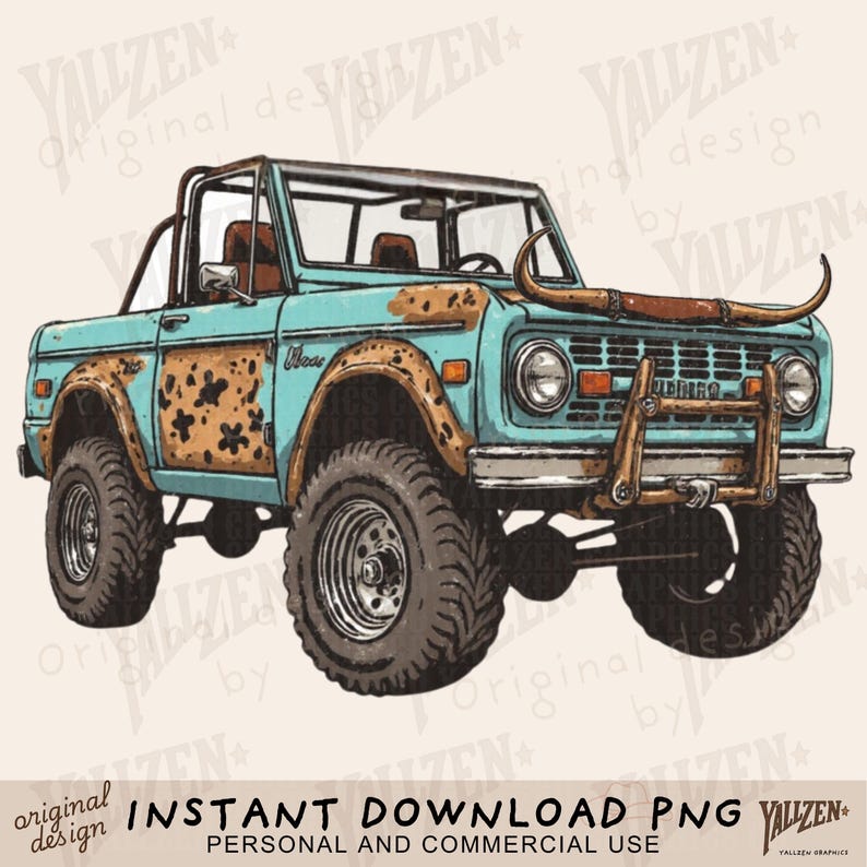 Vintage Bronco PNG, Western Off-road Truck Design, Rustic Turquoise 4x4 ...