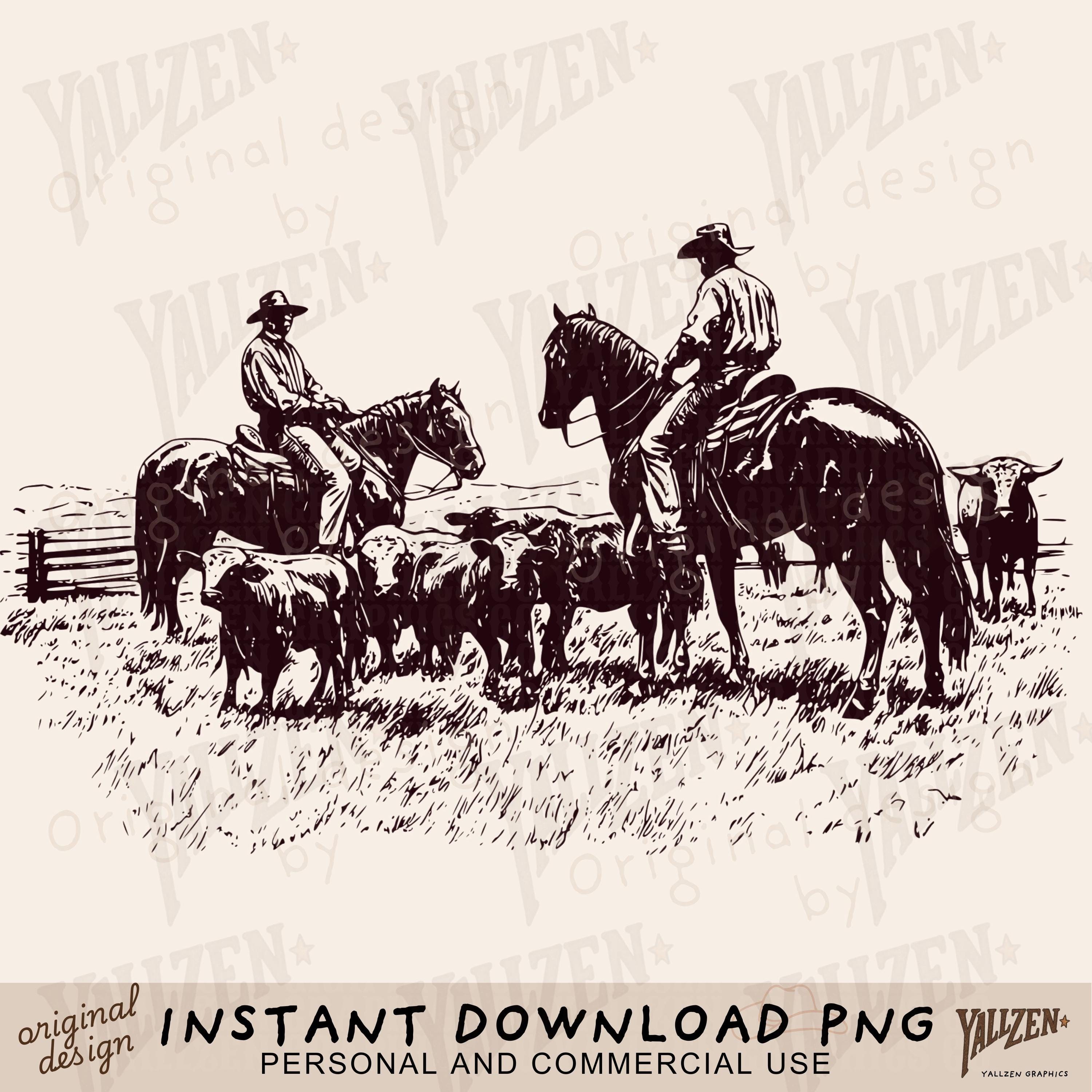 Cowboys Herding Cattle PNG | Western Ranch Clipart | Rustic Rodeo ...