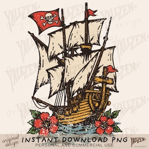 Pirate Ship PNG Clipart, Vintage Pirate Sailboat Sublimation, Skull ...