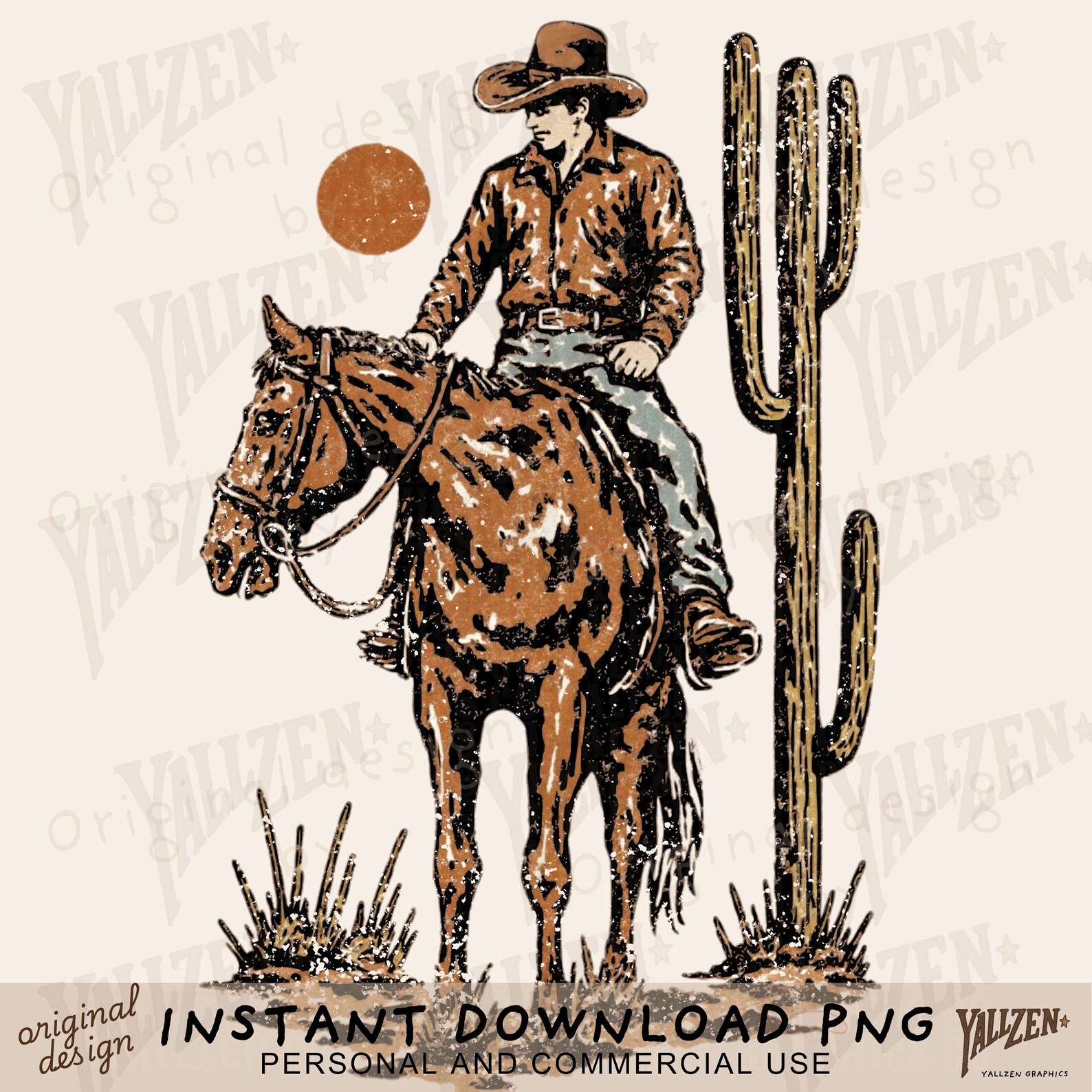 Cowboy on Horse PNG | Rustic Western Clipart | Vintage Desert Ranch ...