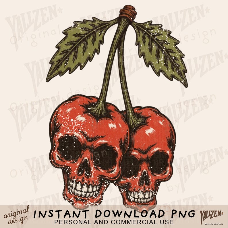 2 Skull Cherry PNG Clipart, Tattoo Style Sublimation Design, Gothic ...