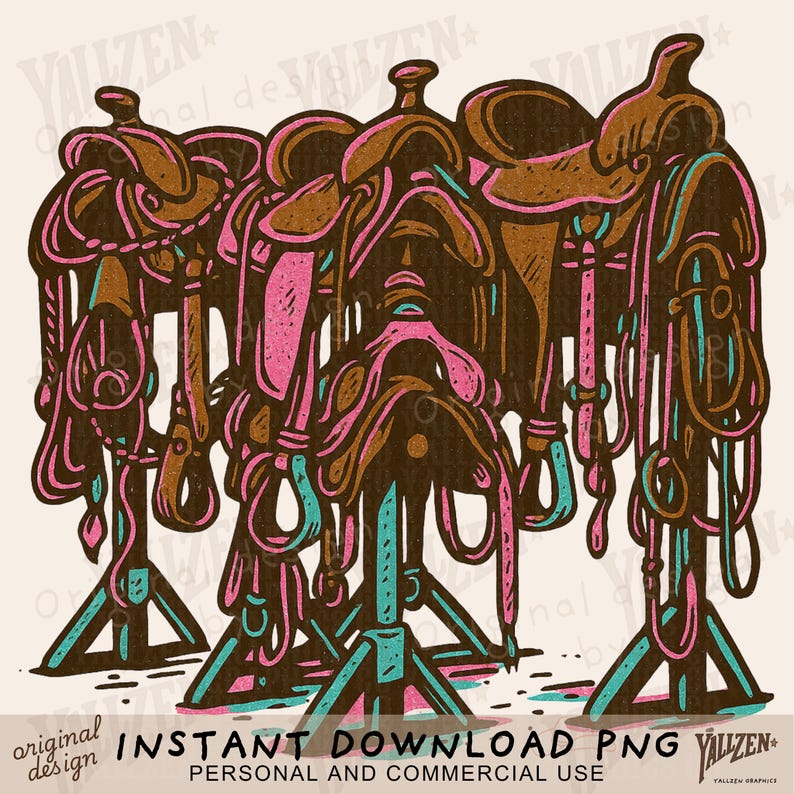 Retro Western Saddle Clipart, Colorful Cowboy Saddle Digital Download ...