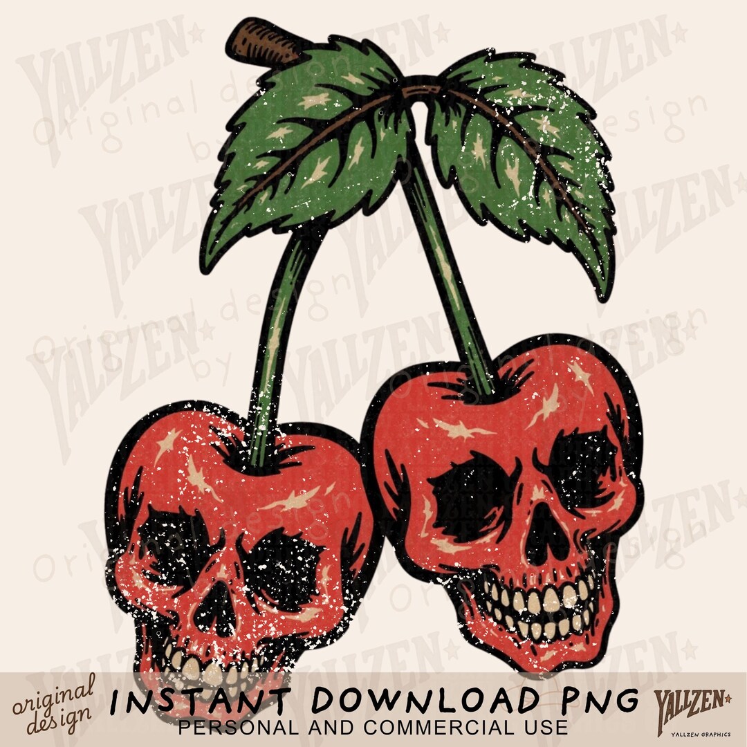 2 Skull Cherry PNG Clipart, Tattoo Style Sublimation Design, Gothic ...