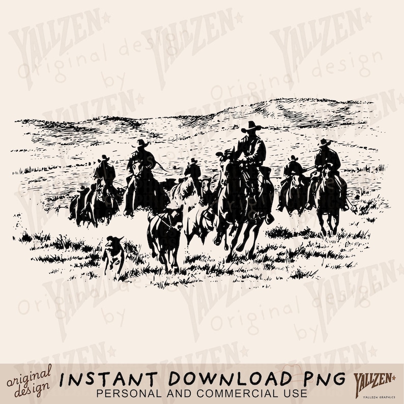 Cowboys Herding Cattle PNG | Western Ranch Clipart | Rustic Rodeo ...